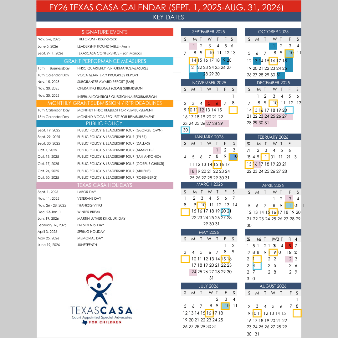 FY26 Important Dates and Events Calendar - Texas CASA